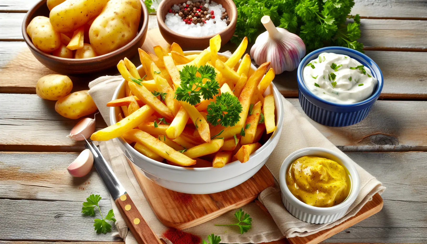 Sprøde hjemmelavede pommes frites med cremet hvidløgsdip – perfekt til ...